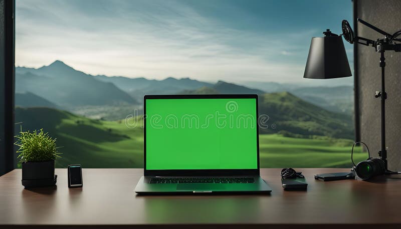Laptop with Green Screen in Front of a Mountain View Stock Illustration ...