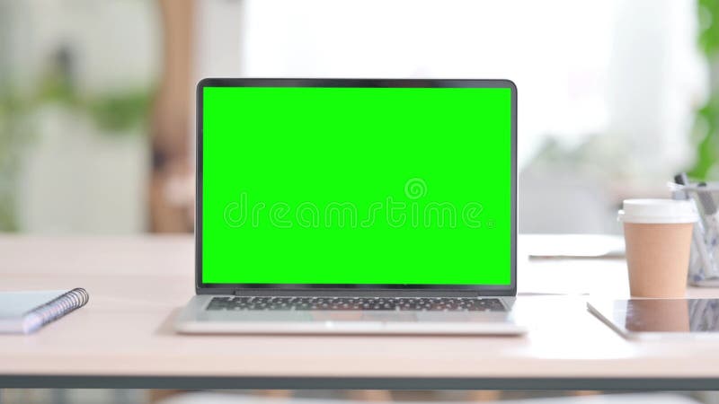 Laptop with Green Screen in Office Stock Photo - Image of technology ...