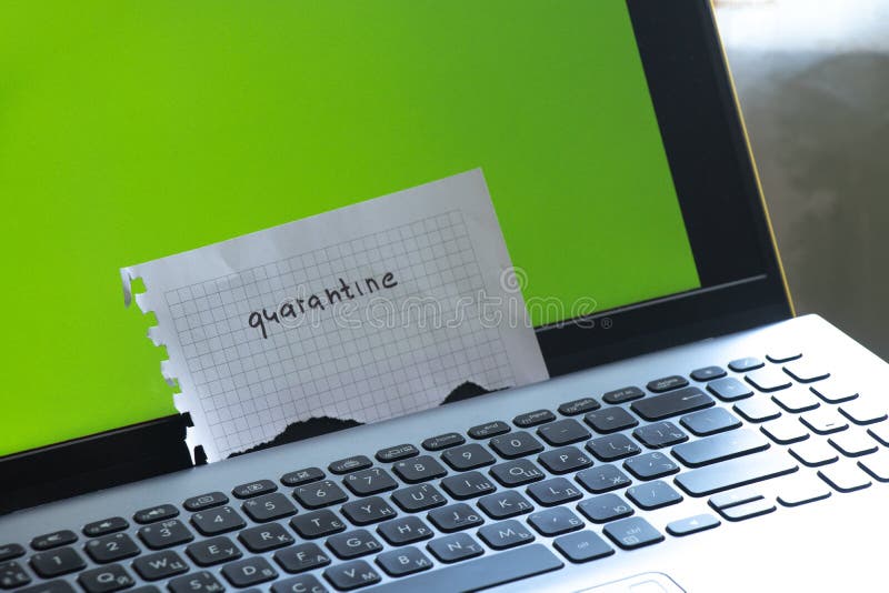 Laptop Green Screen and Quarantine Desk in English, Work at Home Stock ...