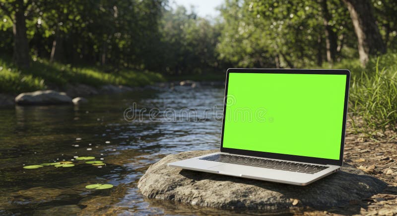 Laptop with Green Screen by River in Nature Setting Stock Illustration ...