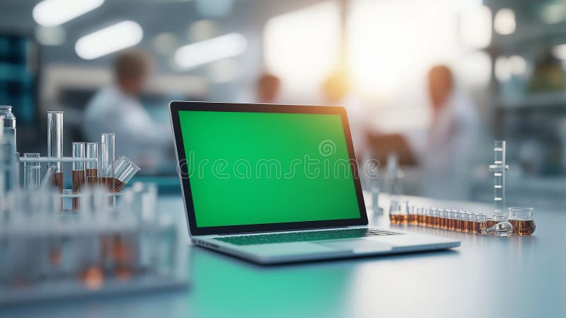 Laptop with Green Screen Sits on Table in Laboratory Surrounded by ...