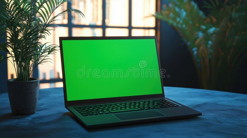 Laptop with Green Screen on Table in Modern Interior with Plants and ...