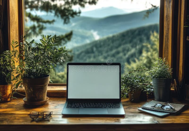 Laptop and Greenery on Rustic Windowsill with Mountain View Stock ...