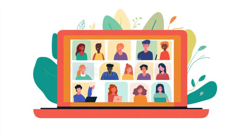 A Laptop with a Group of People on the Screen Stock Illustration ...