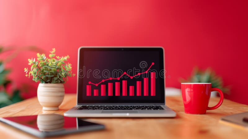 Laptop with Growth Chart on Red Background Stock Illustration ...
