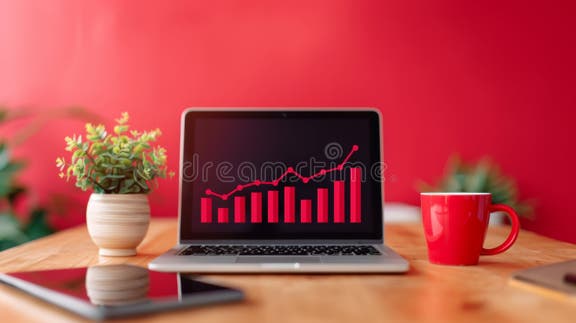 Laptop with Growth Chart on Red Background Stock Illustration ...