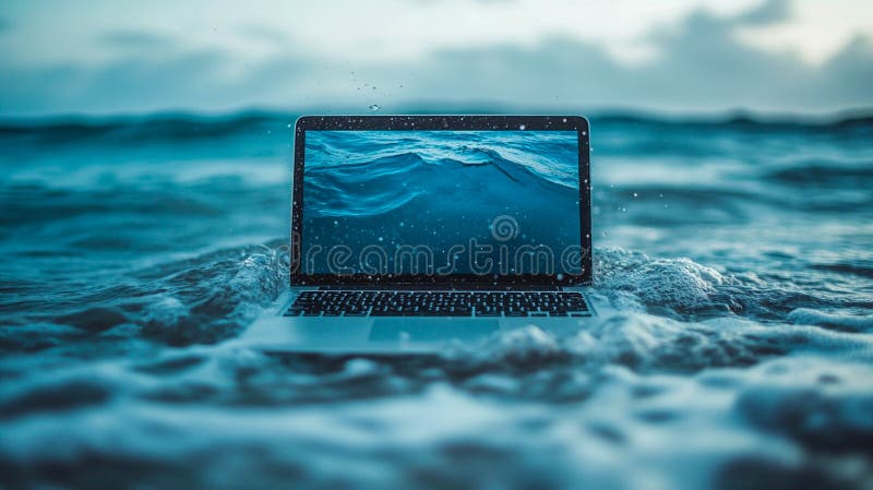 A Laptop Half Submerged in Water, in the Sea or Ocean. Stock ...