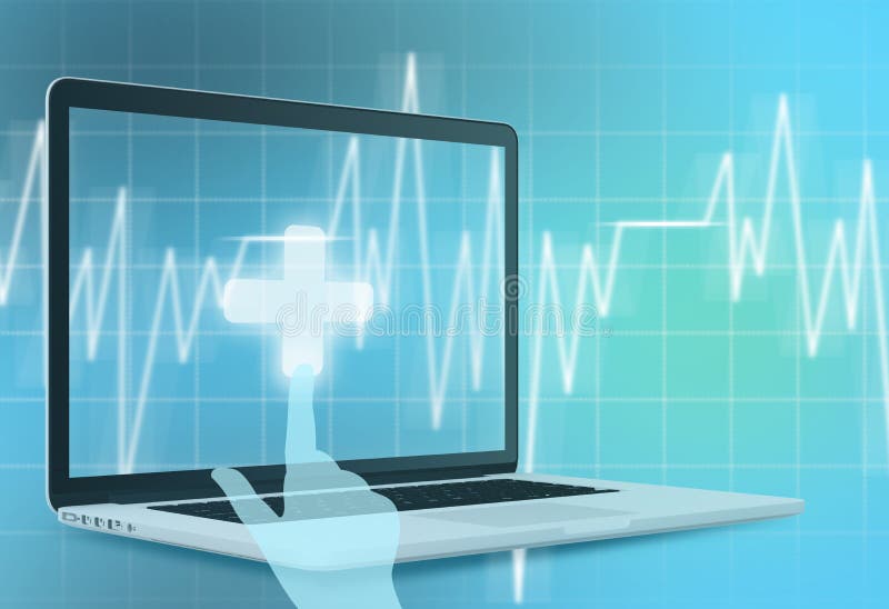 Laptop and Hand Presses the Medical Cross. Stock Illustration ...