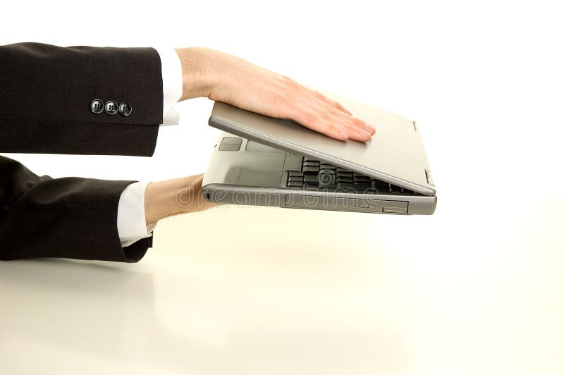 Hand Closing Laptop On White Stock Image - Image of metal, electronic ...