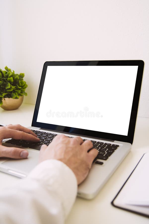 Laptop hands white screen stock photo. Image of vertical - 105059350
