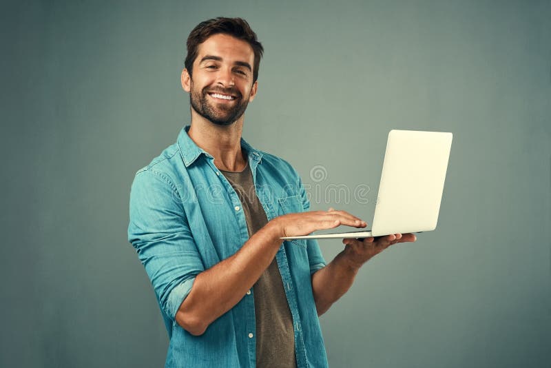 Laptop, Happy and Portrait of Man in Studio with Research for Creative ...