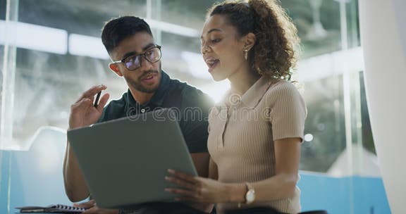 Laptop, Happy and Web Developers in Office with Discussion for Troubleshooting Online Problem ...