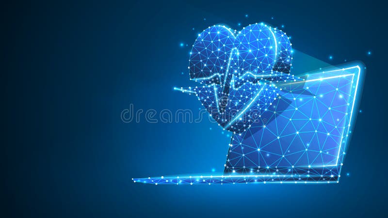 Computer with Heart Pulse Line on White Monitor. Polygonal Internet ...