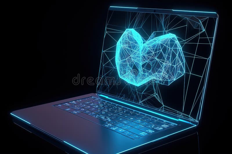 Laptop with Heart Pulse Line on Notebook Screen Polygonal Internet ...