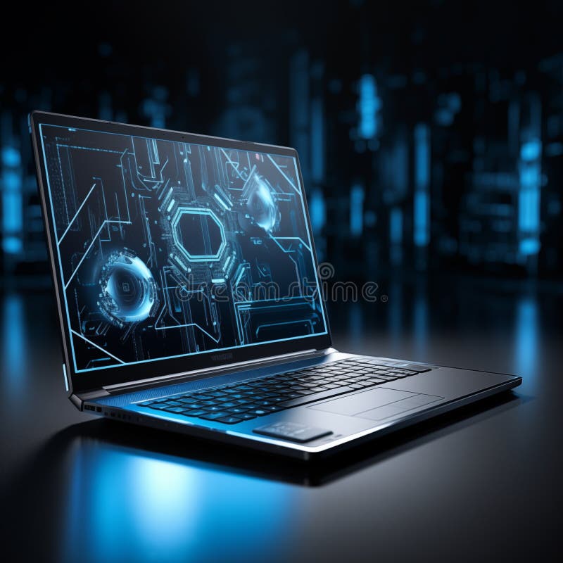 Laptop with High Tech Blue and White Lines on Screen Stock Photo ...