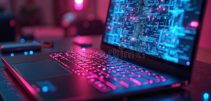 Laptop with Holographic Interface, Neon Lights in Cyberpunk Style ...