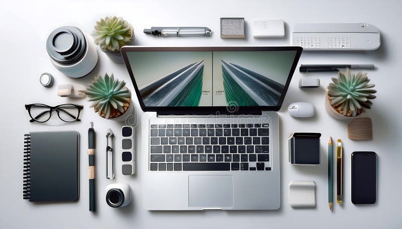 Laptop with Icons and Office Tools on a White Background, Highlighting ...