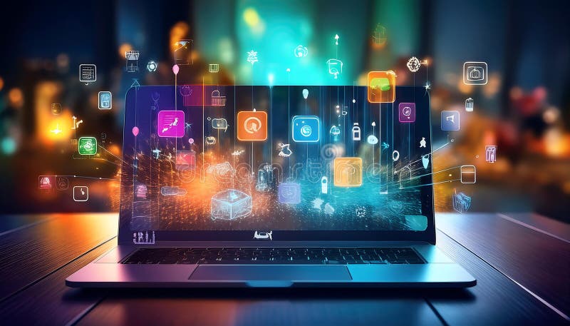 A Laptop with Icons Popping Out on the Screen, Highlighting Digital ...