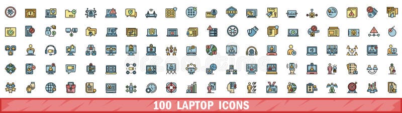 100 Laptop Icons Set, Color Line Style Stock Illustration ...