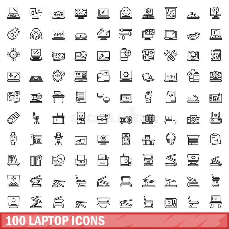 100 Laptop Icons Set, Outline Style Stock Vector - Illustration of ...