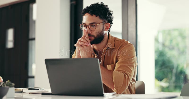 Laptop, Idea and Man in Home for Remote Work, Problem Solving or ...