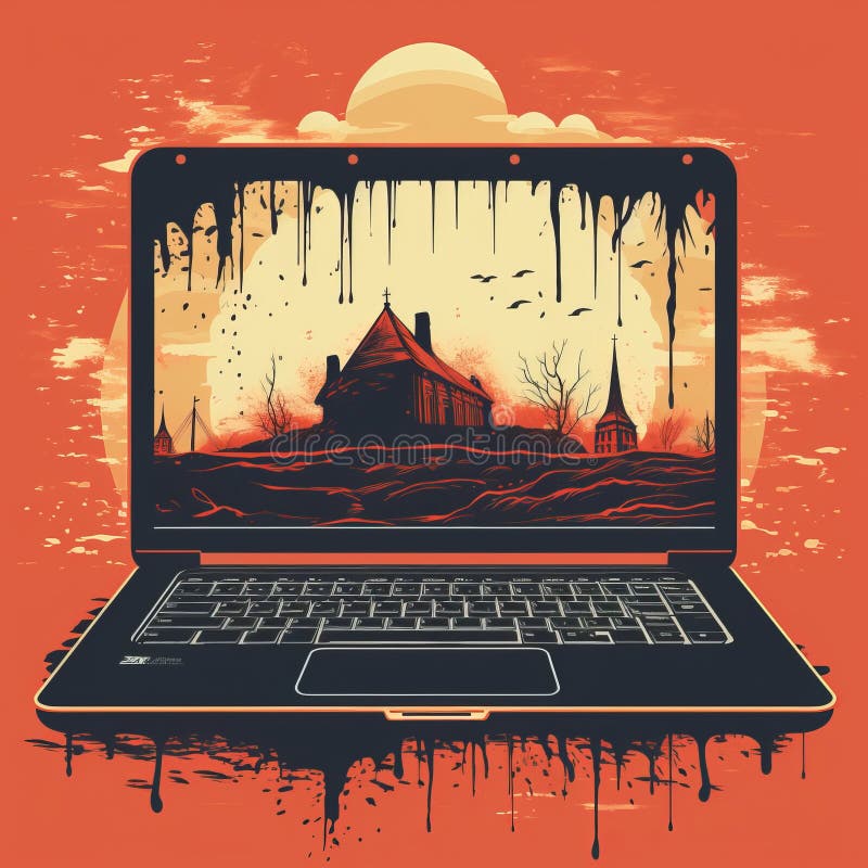 A Laptop with an Image of a Haunted House on it Stock Illustration ...