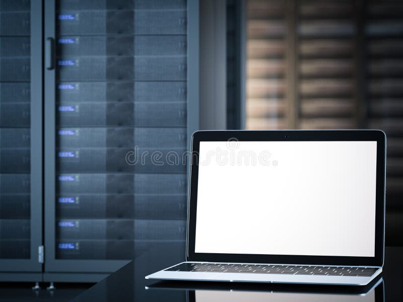 Laptop in Interior of Server Room. 3d Rendering Stock Image - Image of ...