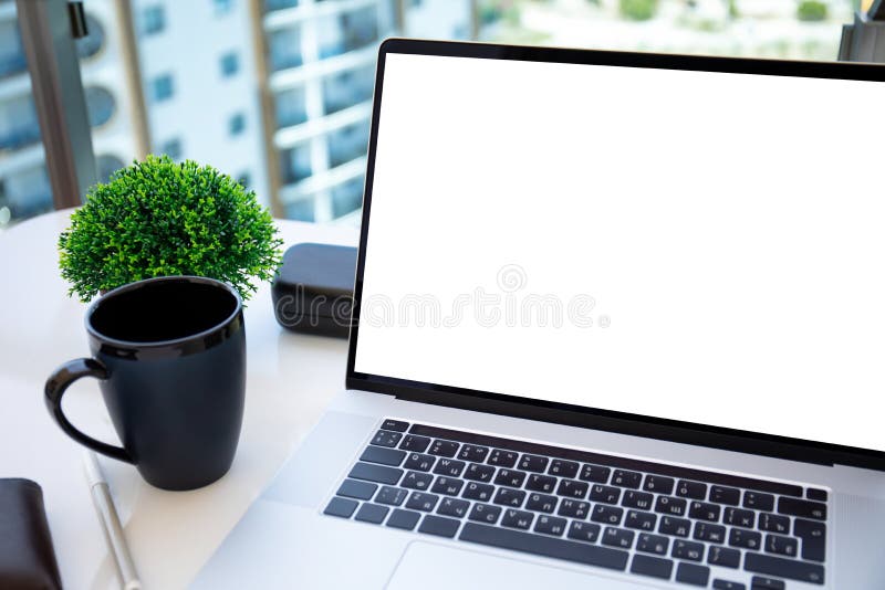 Laptop with Isolated Screen Over Desk in Office Stock Image - Image of ...