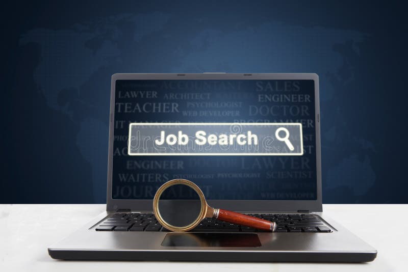 Laptop with Job Search Text and Magnifier Stock Image - Image of engine ...