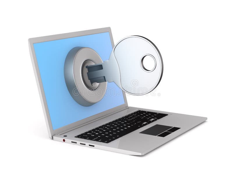 Laptop and Key on White Background. Isolated 3D Illustration Stock ...