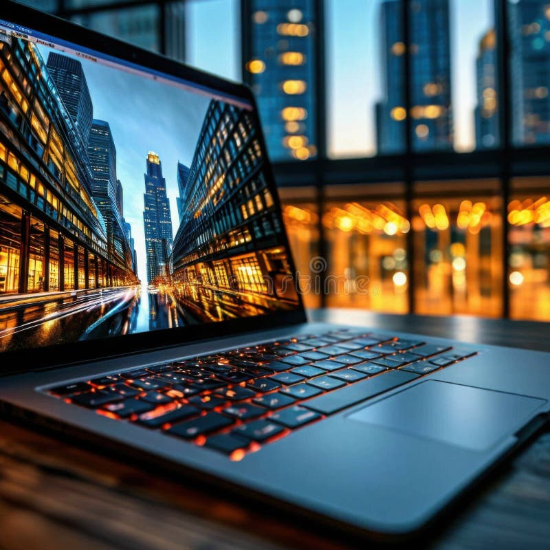 Laptop Keyboard with Building Reflection Stock Illustration ...