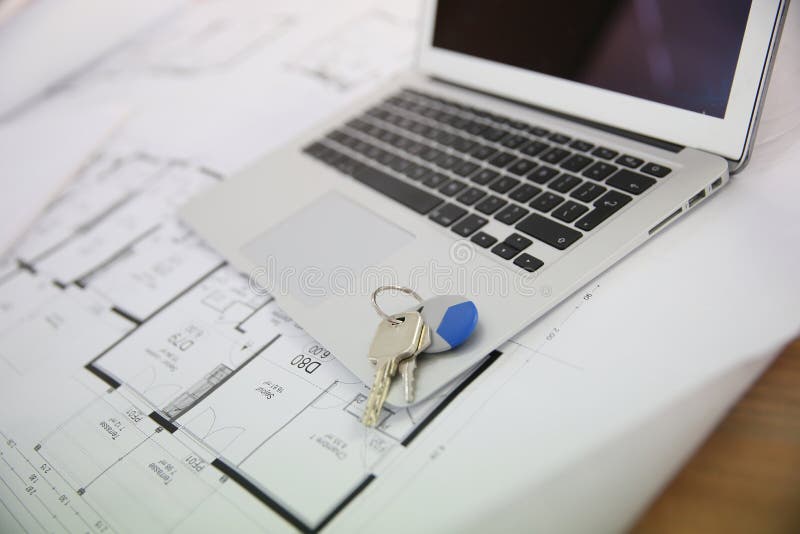 Laptop, Keys and Architecture Plan Stock Image - Image of bunch ...