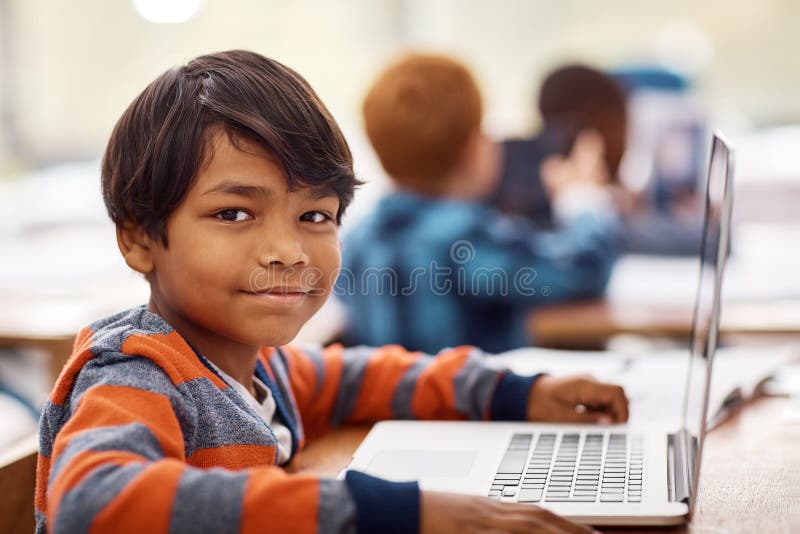 Laptop, Kids and Portrait of Boy in Classroom for Study Project with ...