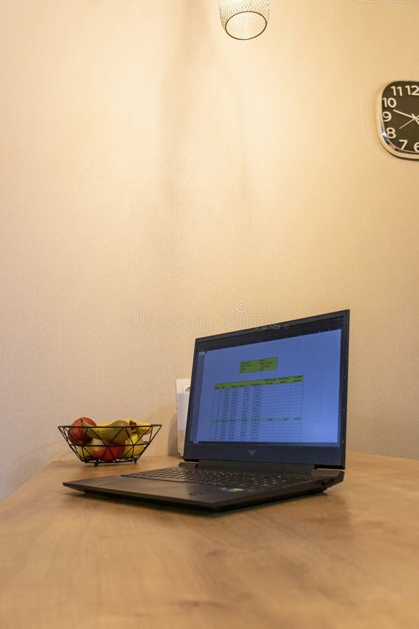 Laptop on the Kitchen Counter Top with an Excel Sheet on Computer ...