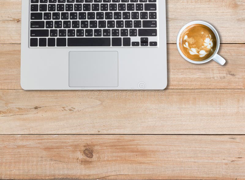 Laptop and Lattee Coffee on Wood Table Stock Photo - Image of table ...