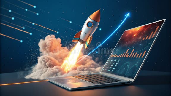 Laptop Launch Rocket Ascending, Data Visualization, Growth Concept ...