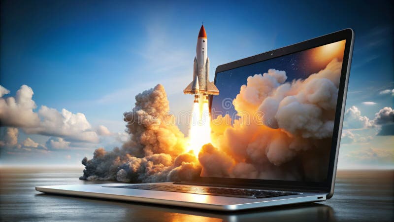 Laptop Launch Rocket, Cloudscape, Digital Startup Stock Illustration ...