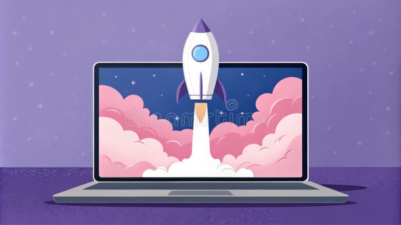 Laptop Launch Rocket on Screen, Pink Clouds, Purple Background Stock ...