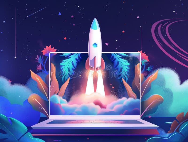 Laptop Launchpad: Rocket Taking Off into Space Stock Photo - Image of ...