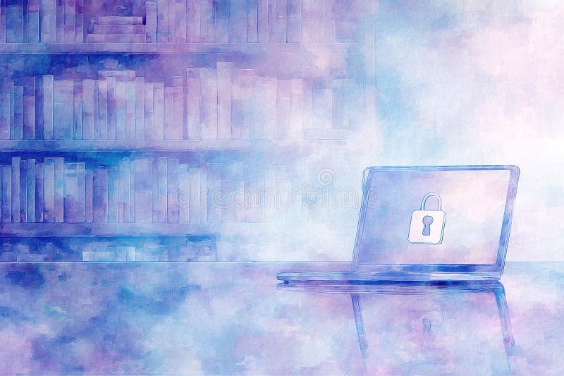 Laptop with a Lock Symbol on a Table in Front of a Blurred Bookshelf ...