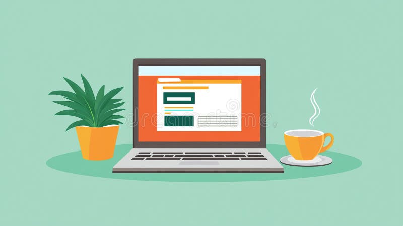 Laptop with Login Form, Plant, and Coffee Stock Illustration ...