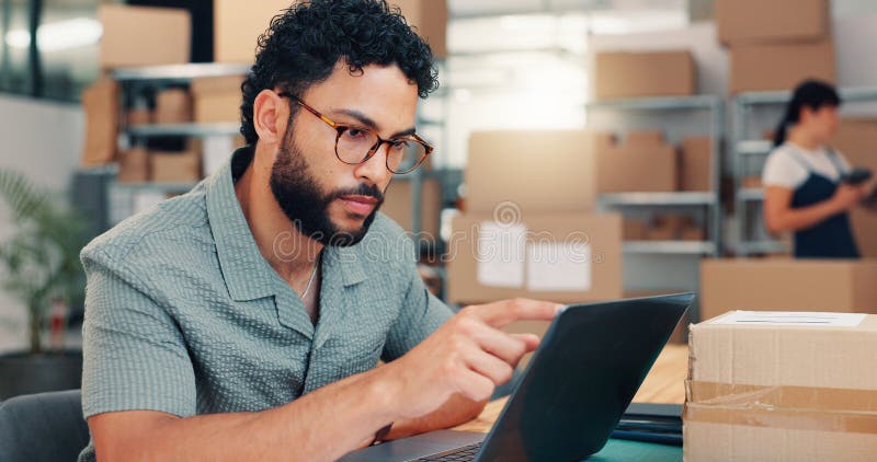 Laptop, Logistics and Pointing with Man in Office for Distribution ...