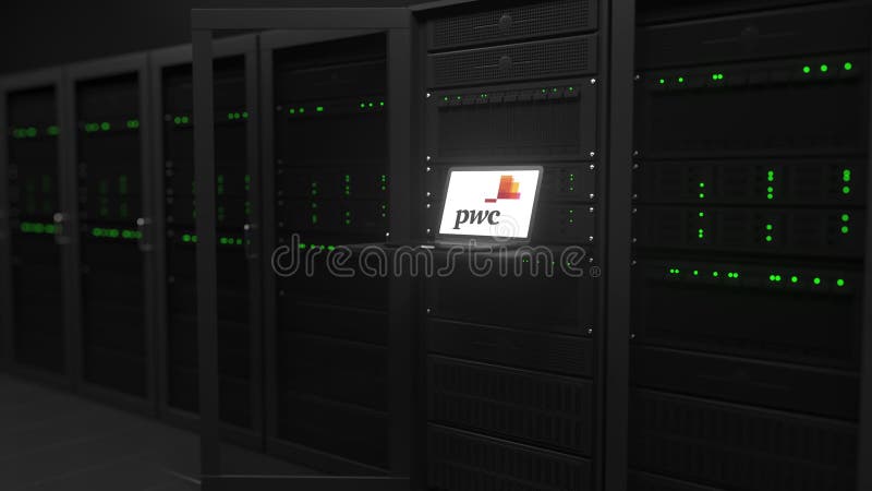 Laptop with the Logo of PWC on the Screen in a Server Room. Conceptual ...
