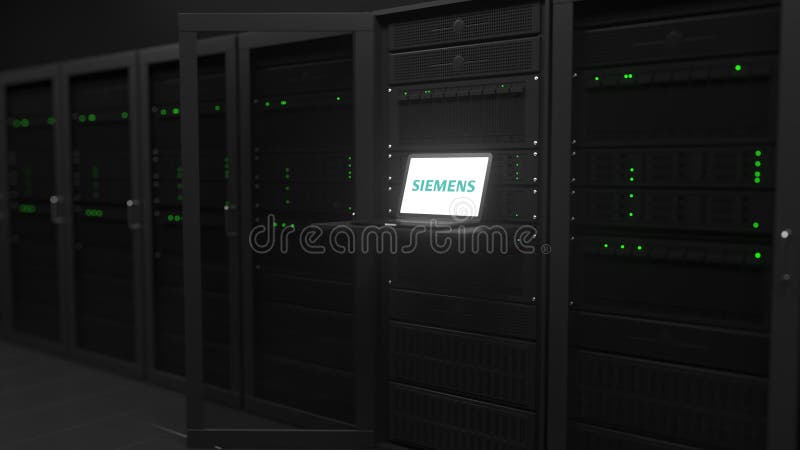Laptop with the Logo of SIEMENS on the Screen in a Server Room ...
