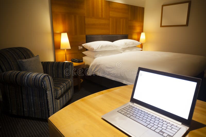Laptop in a Luxurious Hotel Room Stock Photo - Image of work, night ...