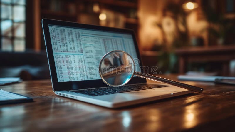 Laptop with Magnifying Glass on Wooden Desk Stock Illustration ...