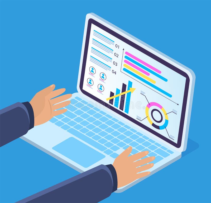 Laptop and Male Hands. Analytic Data Report. Digital Presentation ...
