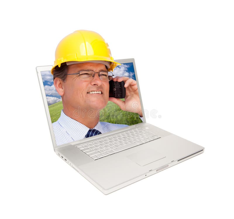 Laptop and Man with Hard Hat on Cell Phone Stock Image - Image of ...