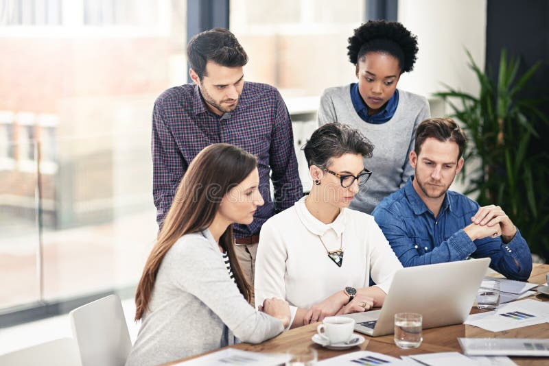 Laptop, Meeting and Problem Solving with Business People in Modern ...