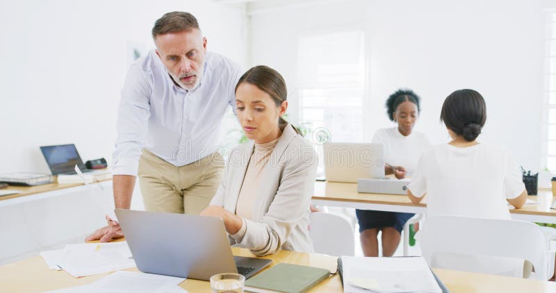 Laptop, Mentor and Pointing with Business People in Office for Design ...